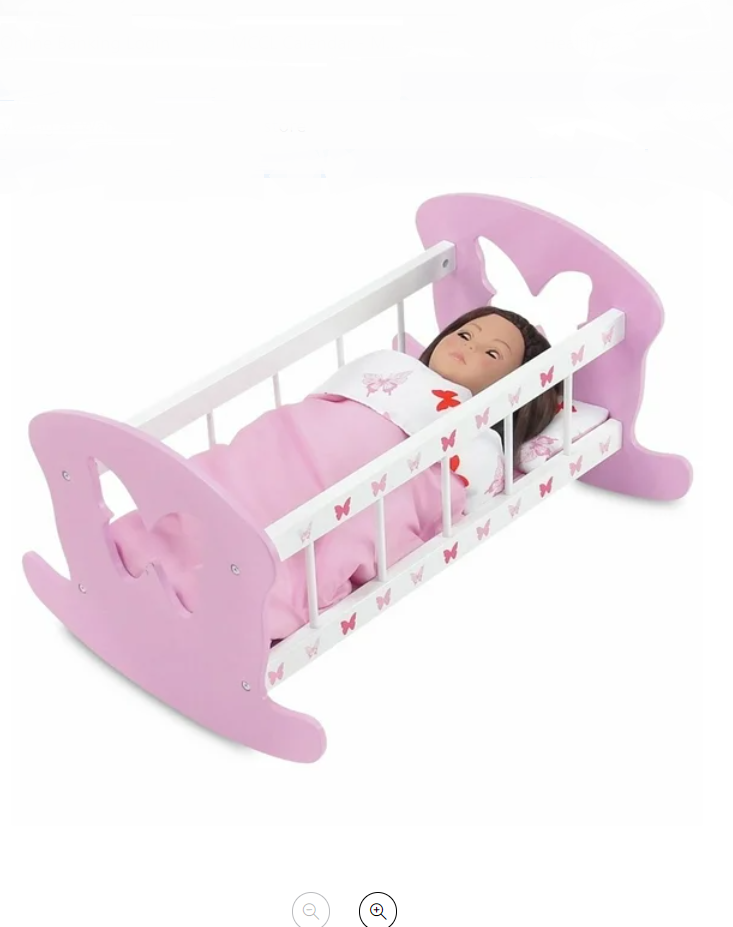 Doll-Sized Wooden Pink & White Butterfly Cradle - The Doll Boutique