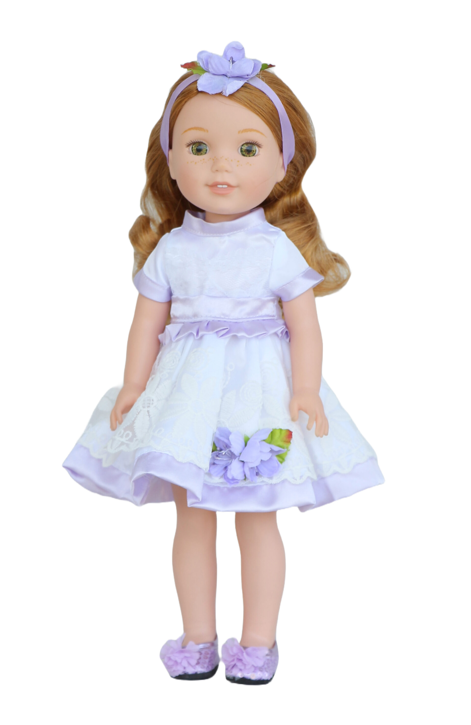 14.5" Doll Lavender Satin White Lace Dress & Headband - The Doll Boutique